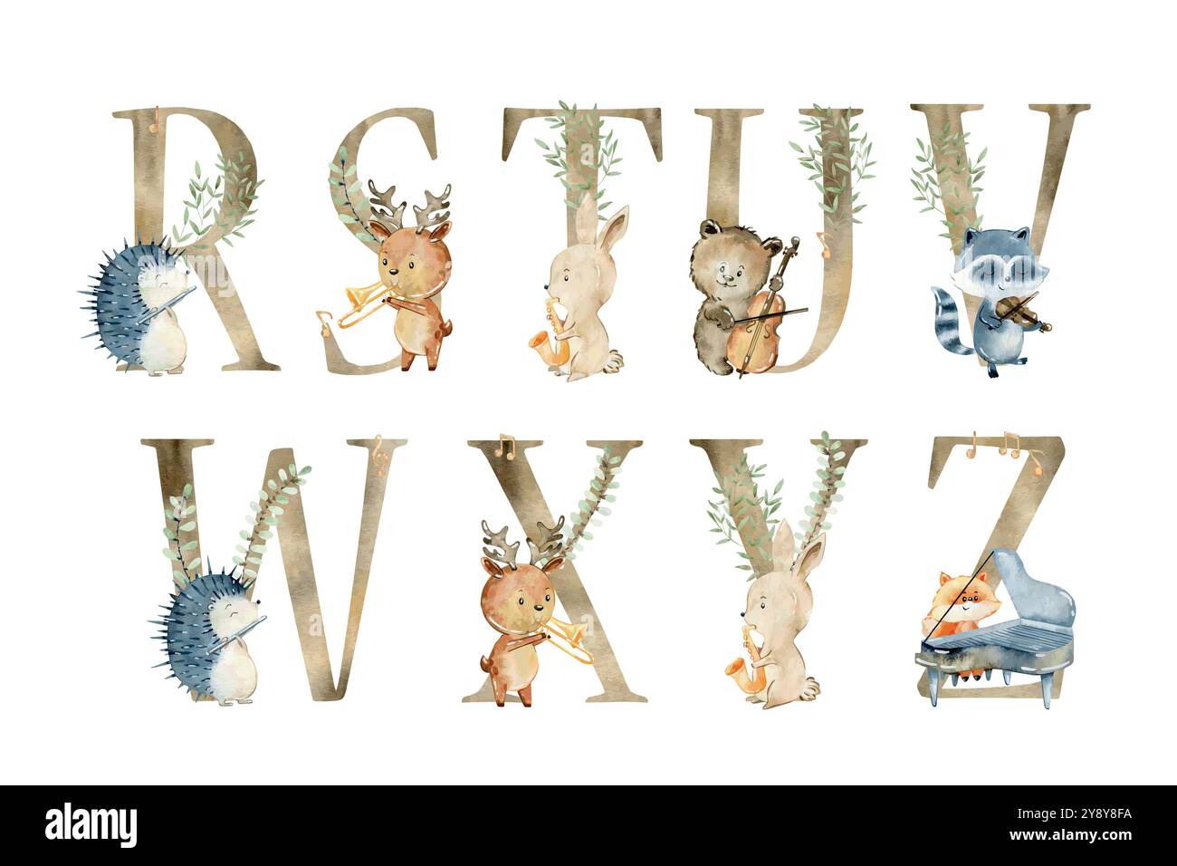 Watercolor musical animals vector letters for invitation card, nursery ...