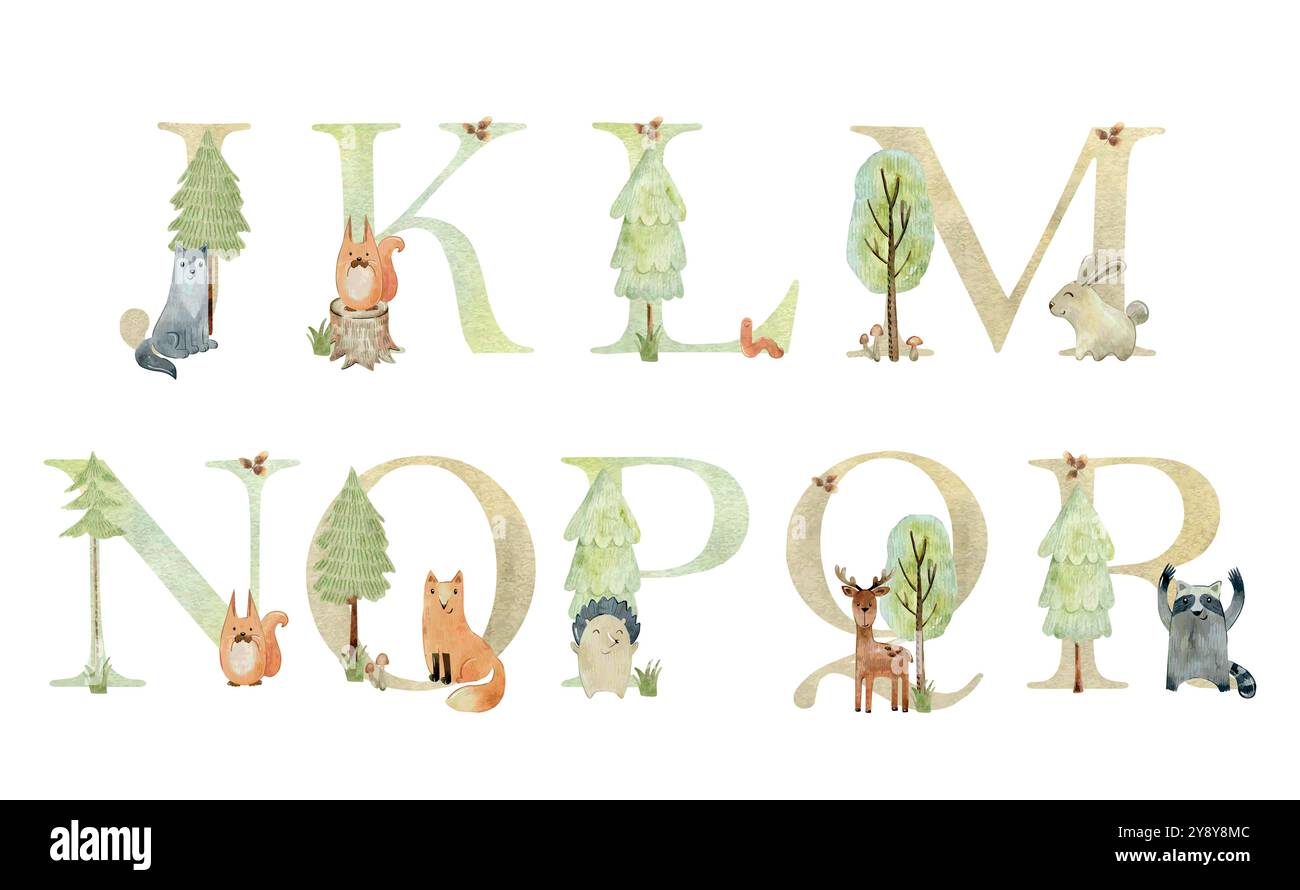 Watercolor woodland animals vector letters for invitation card, nursery ...