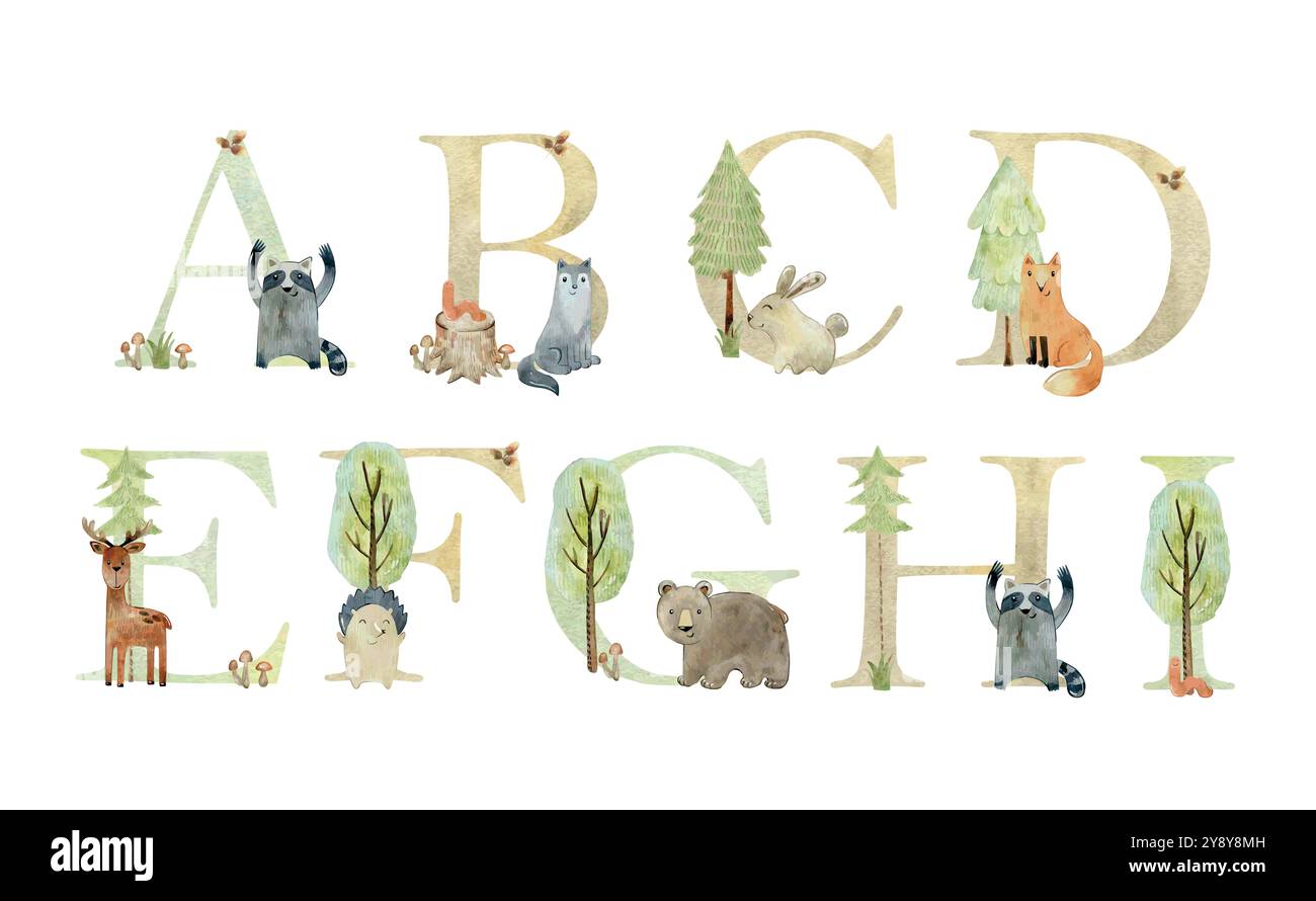 Watercolor woodland animals vector letters for invitation card, nursery ...
