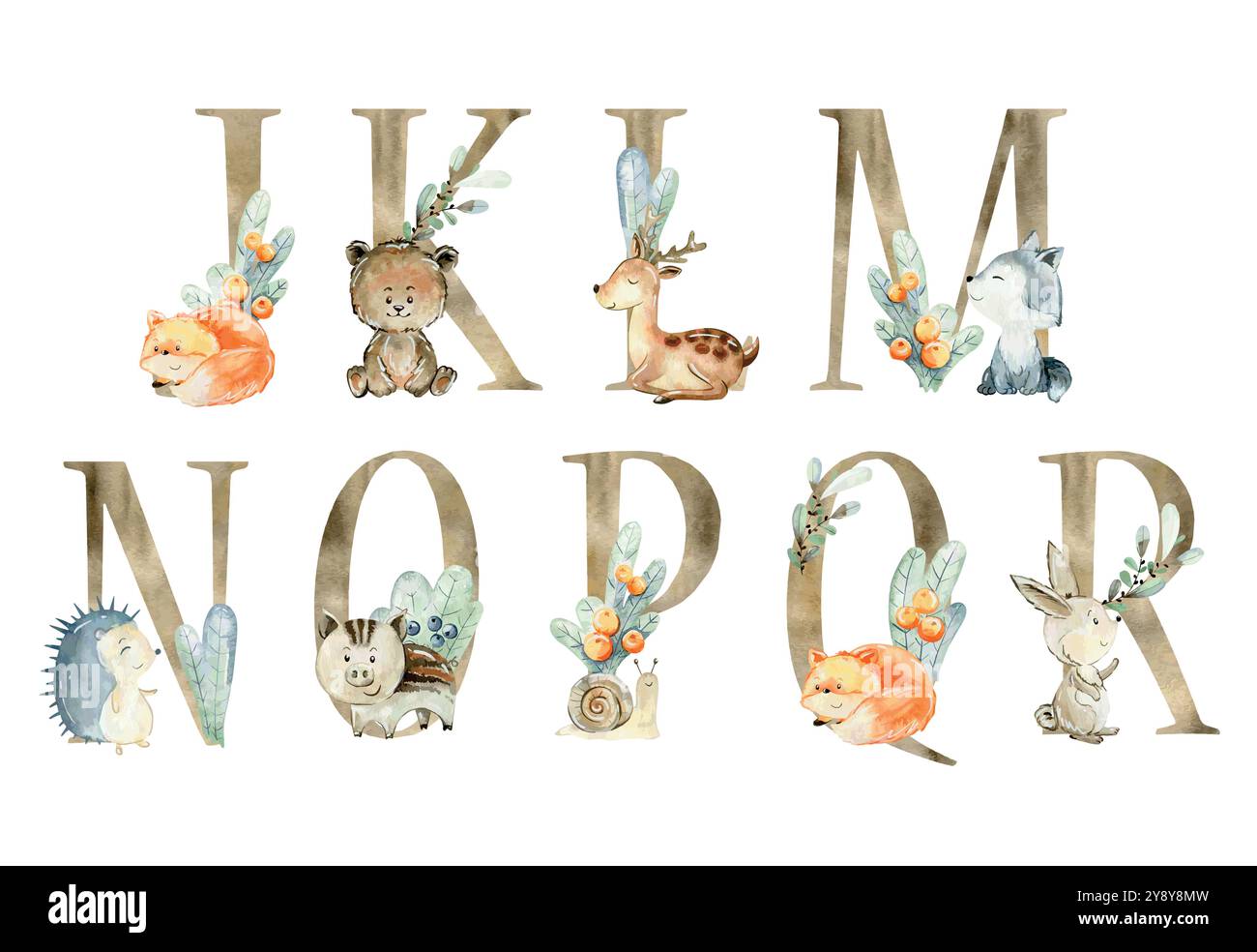 Watercolor woodland animals vector letters for invitation card, nursery ...
