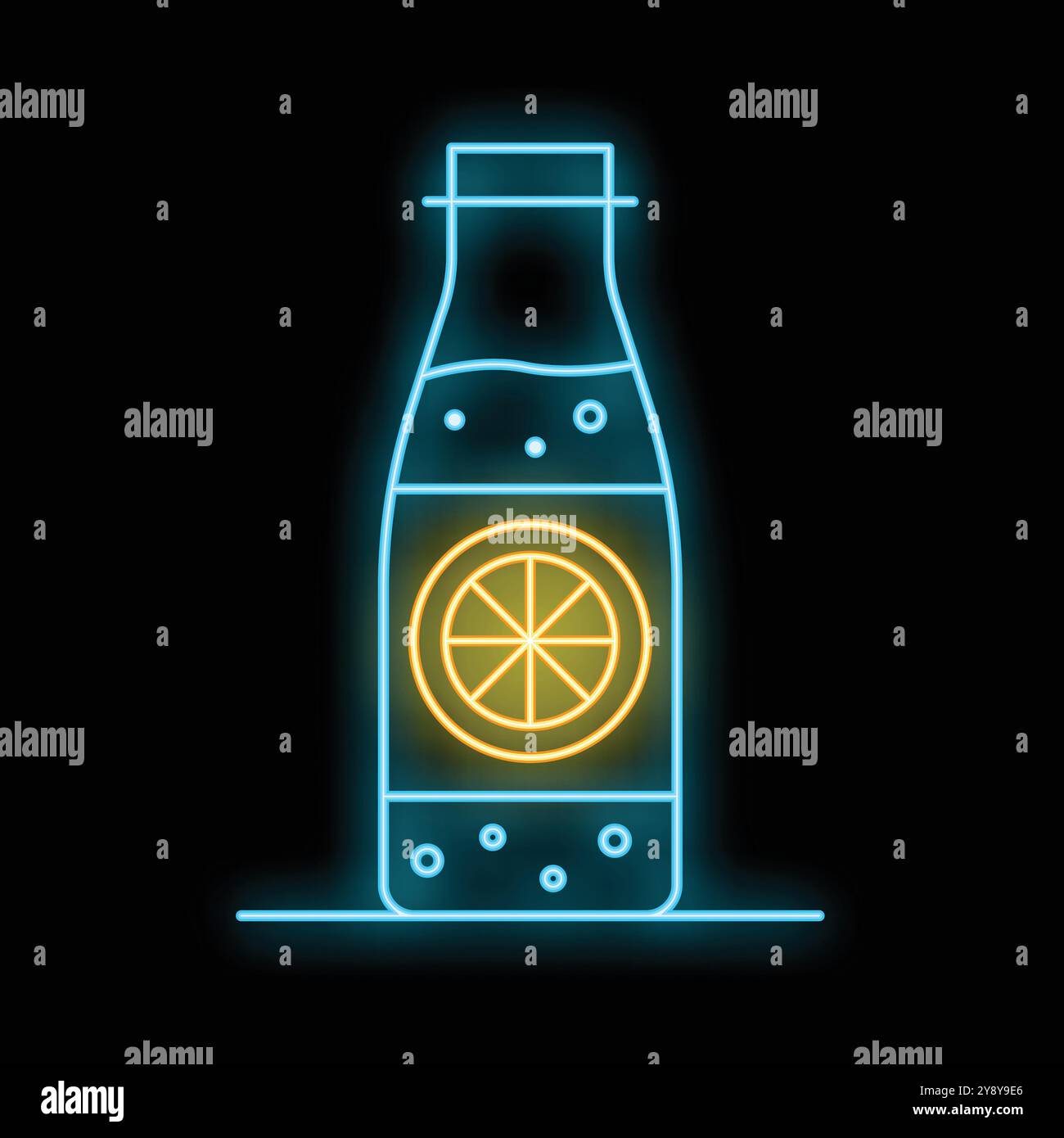 Neon sign depicting a bottle of citrus flavored soda on a dark ...