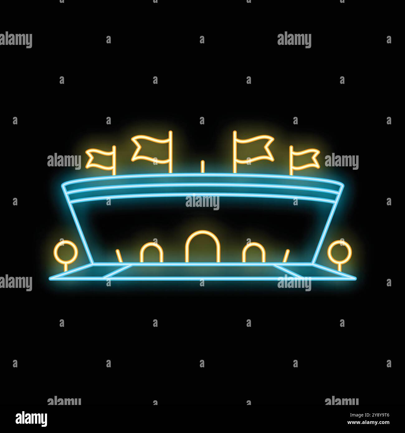 Glowing neon sign depicting a stadium at night, with flags waving on ...