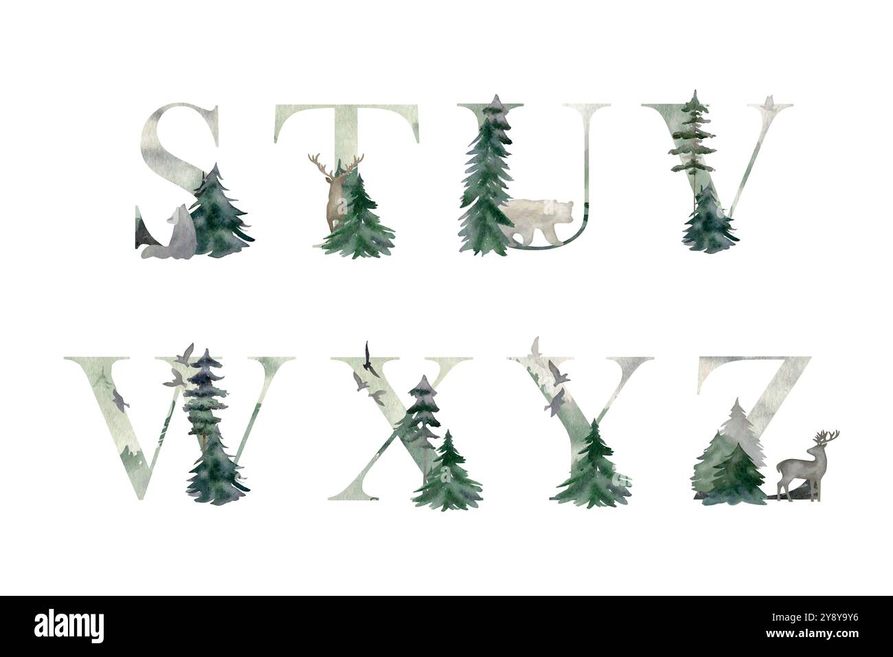Watercolor forest letters Stock Vector Image & Art - Alamy