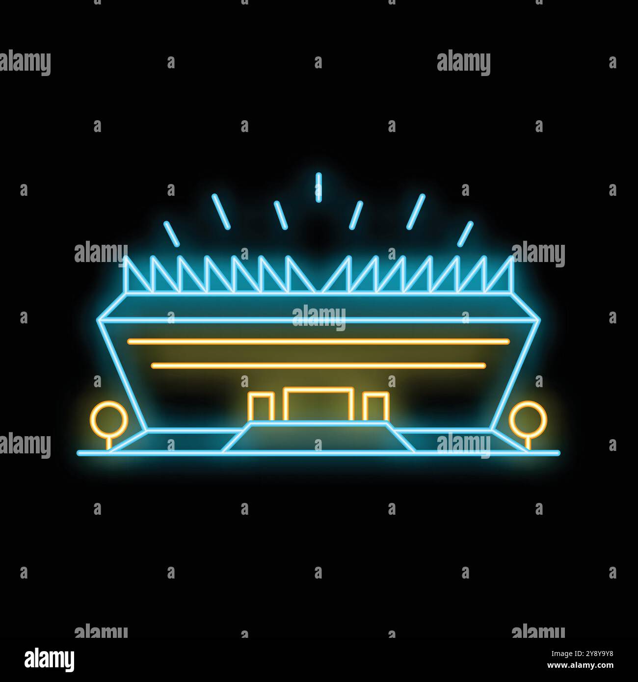 Neon sign depicting a stadium at night, with bright lights shining from ...