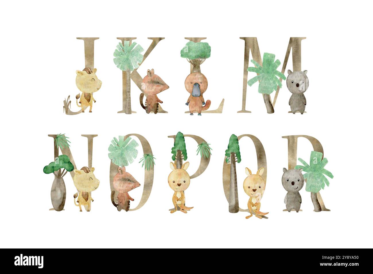 Watercolor australian animals vector letters for invitation card ...