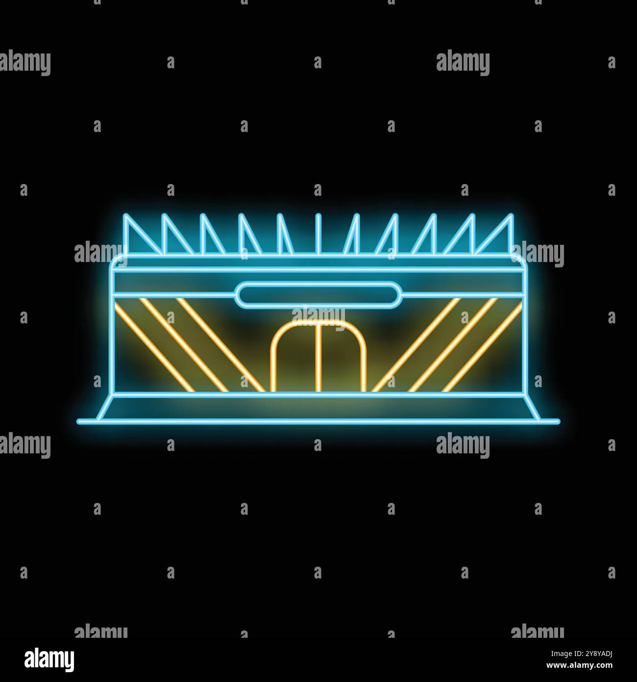 Neon glowing icon of a stadium building shining at night on a black ...