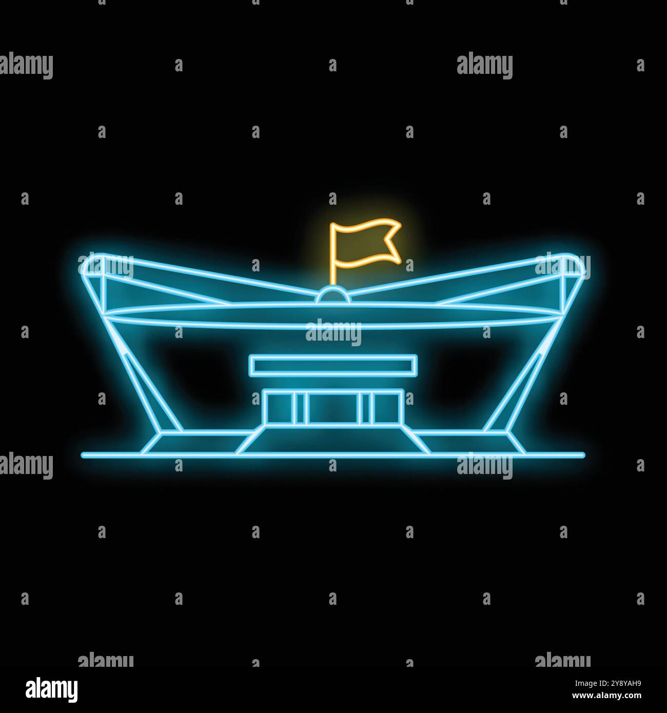 Bright neon sign depicting a stadium, shining against a dark background ...