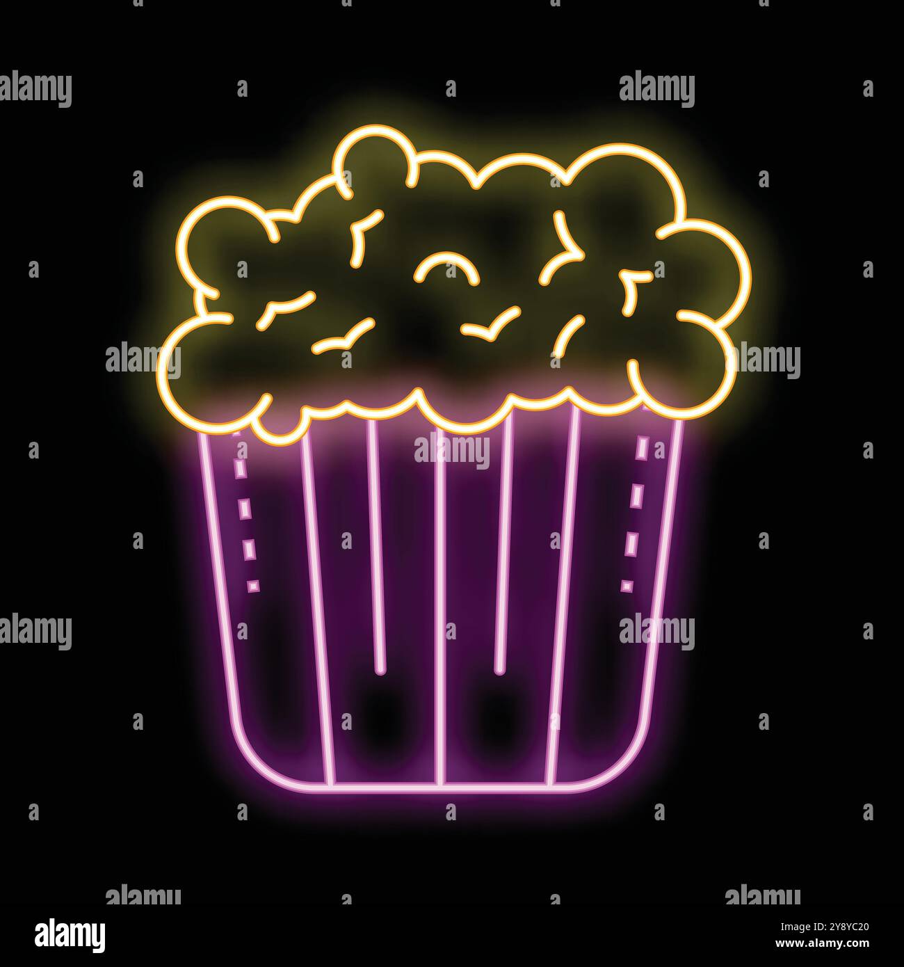 Vibrant neon sign depicting a bucket overflowing with popcorn, glowing ...