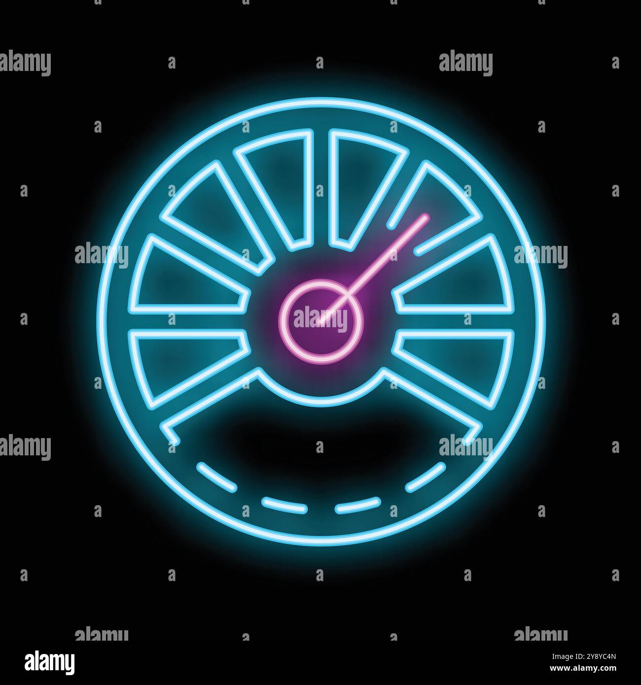Glowing neon line speedometer icon isolated on black background ...