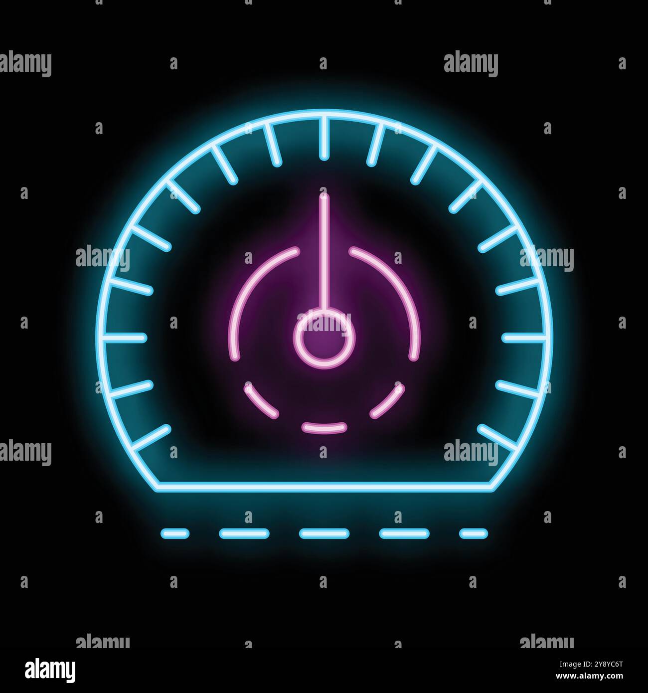 Neon speedometer with glowing needle moving upwards indicating ...