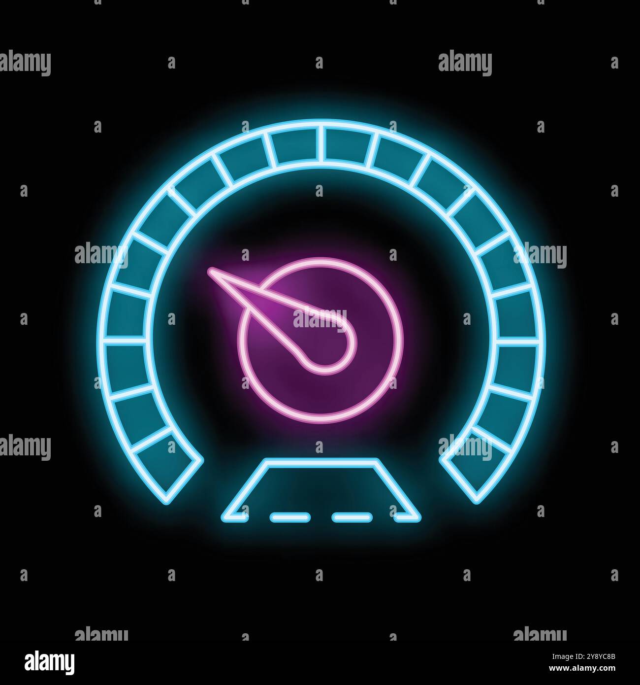 Glowing neon speedometer with an arrow moving upwards indicating increasing speed Stock Vector ...