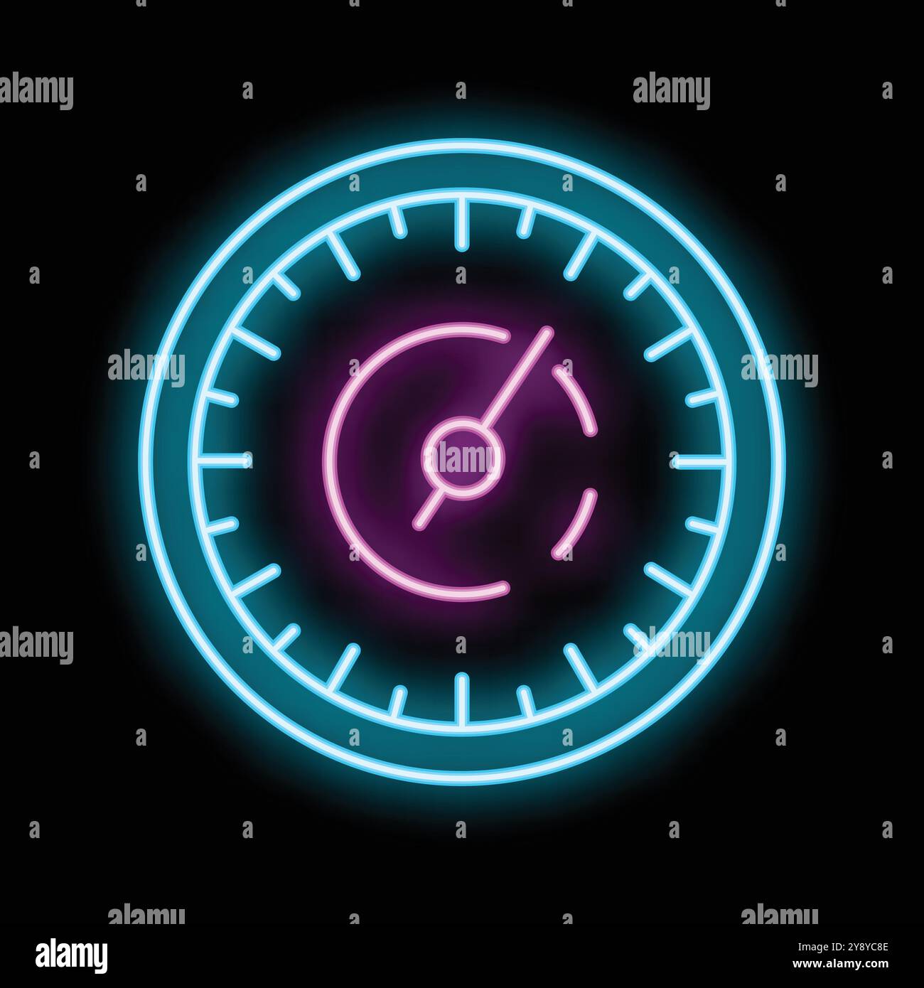 Neon sign is glowing in the dark showing a gauge with its needle moving ...
