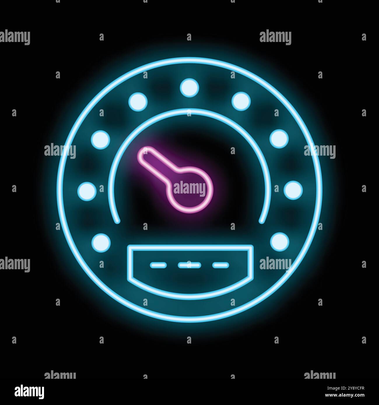 Bright neon icon of speedometer with an arrow pointing up, symbolizing ...