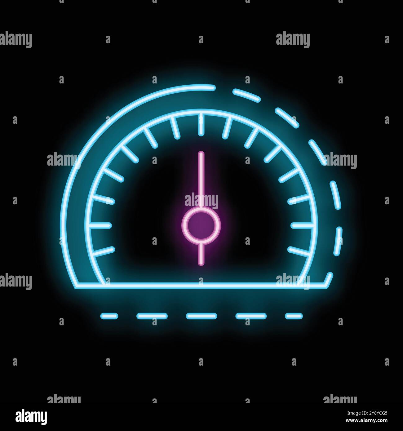 Glowing neon speedometer with an arrow moving upwards on a black ...