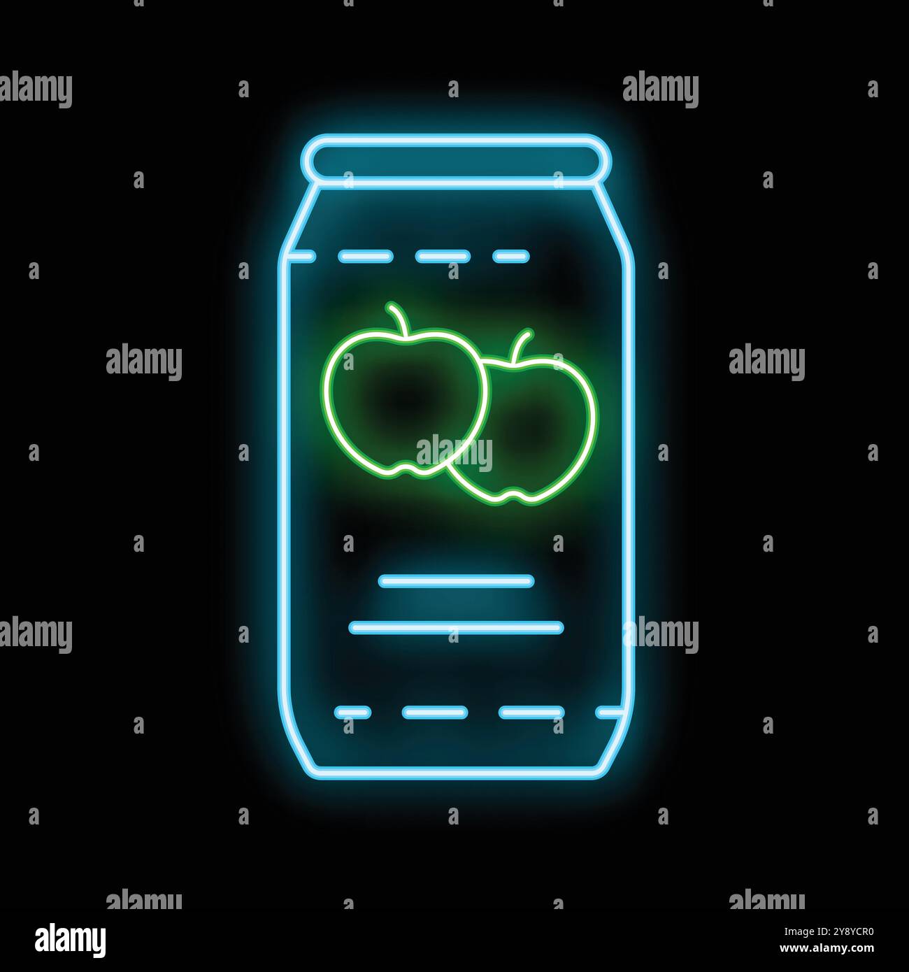 Neon sign depicting a can of apple juice on a black background Stock ...