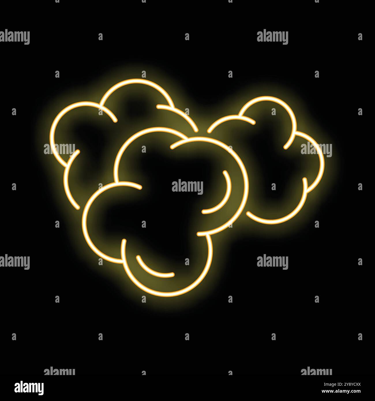 Yellow neon sign showing a group of cumulus clouds glowing on a black ...