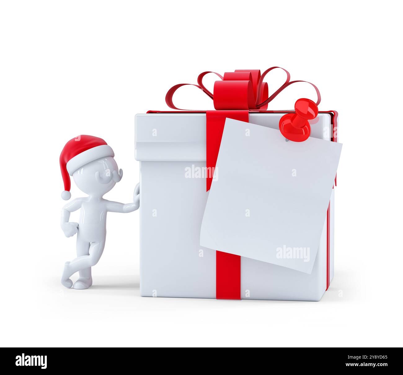Santa Claus is leaning on a big Christmas gift with a blank note ...