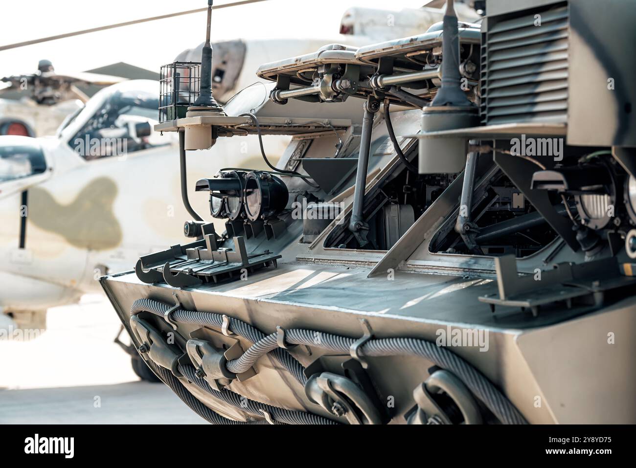 Closeup of a military armored vehicle with open hatches showing its ...