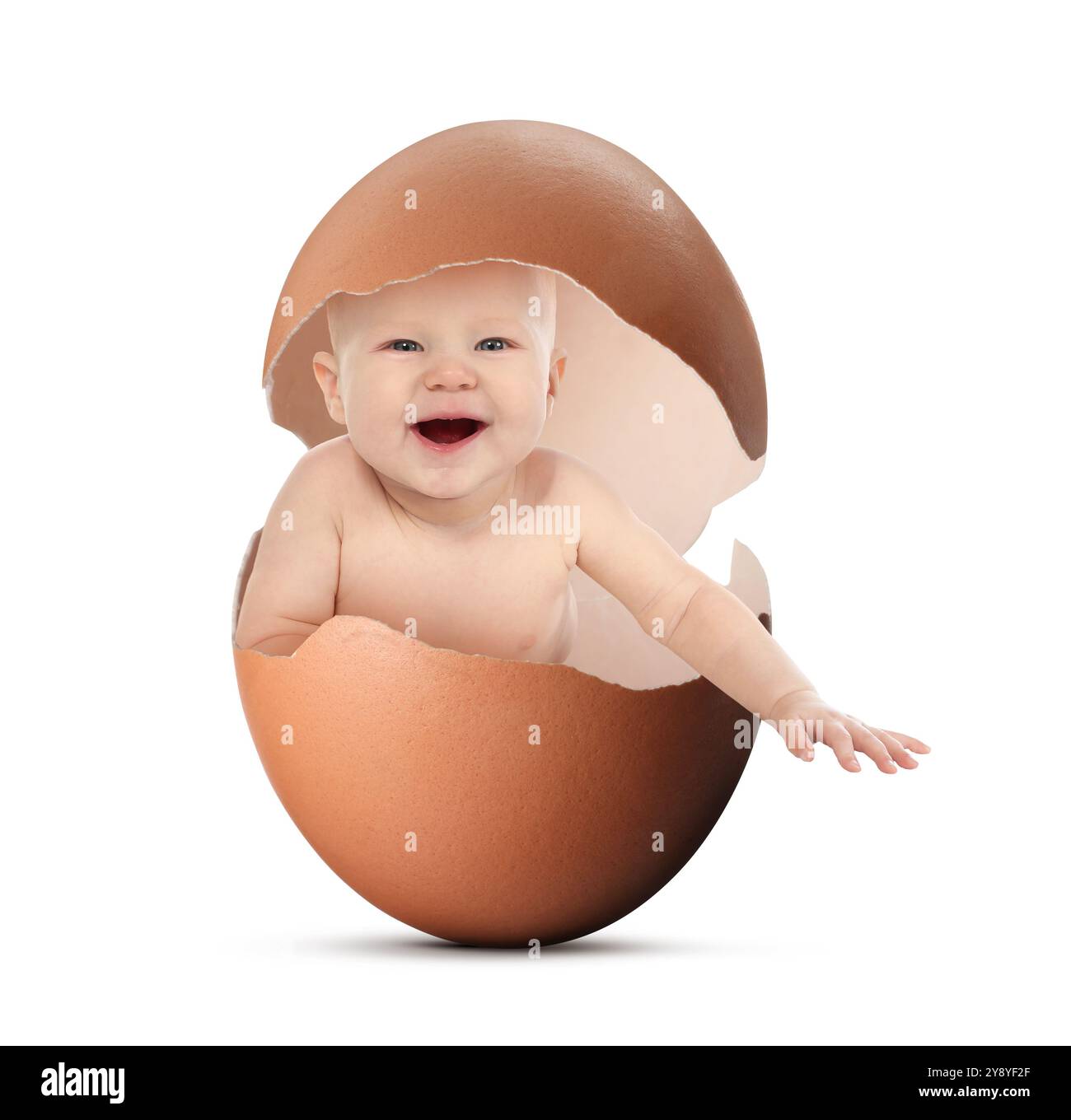 Cute little baby in eggshell on white background Stock Photo - Alamy