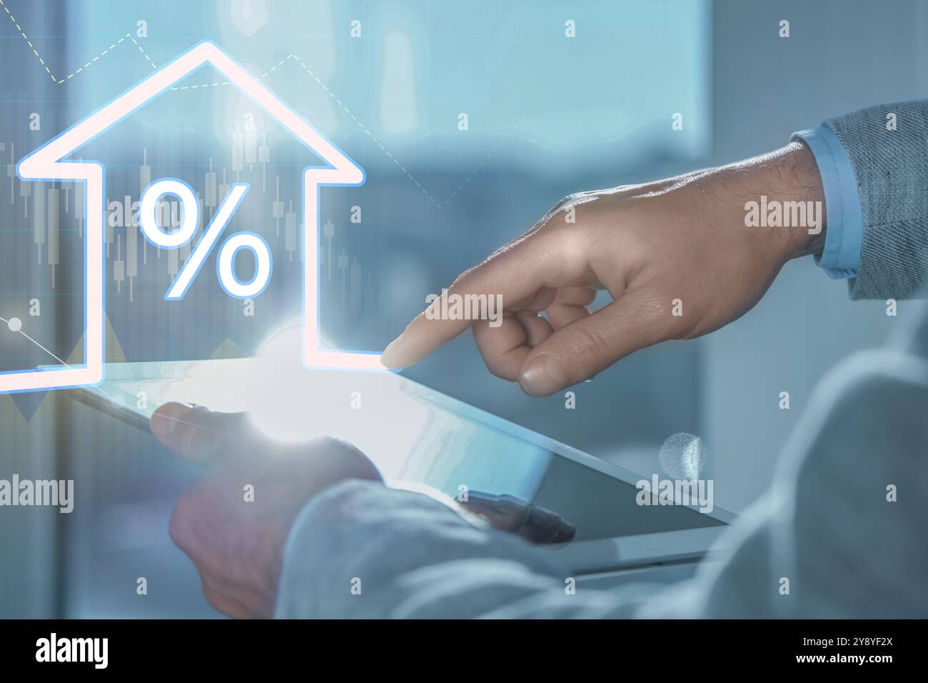 Real estate agent using tablet computer, closeup. Illustrations over ...