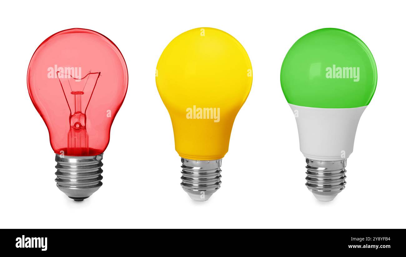 Different light bulbs with colorful glass on white background, set ...