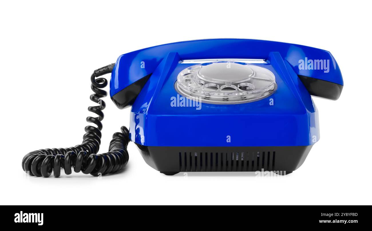 Old blue telephone with rotary dial isolated on white Stock Photo - Alamy