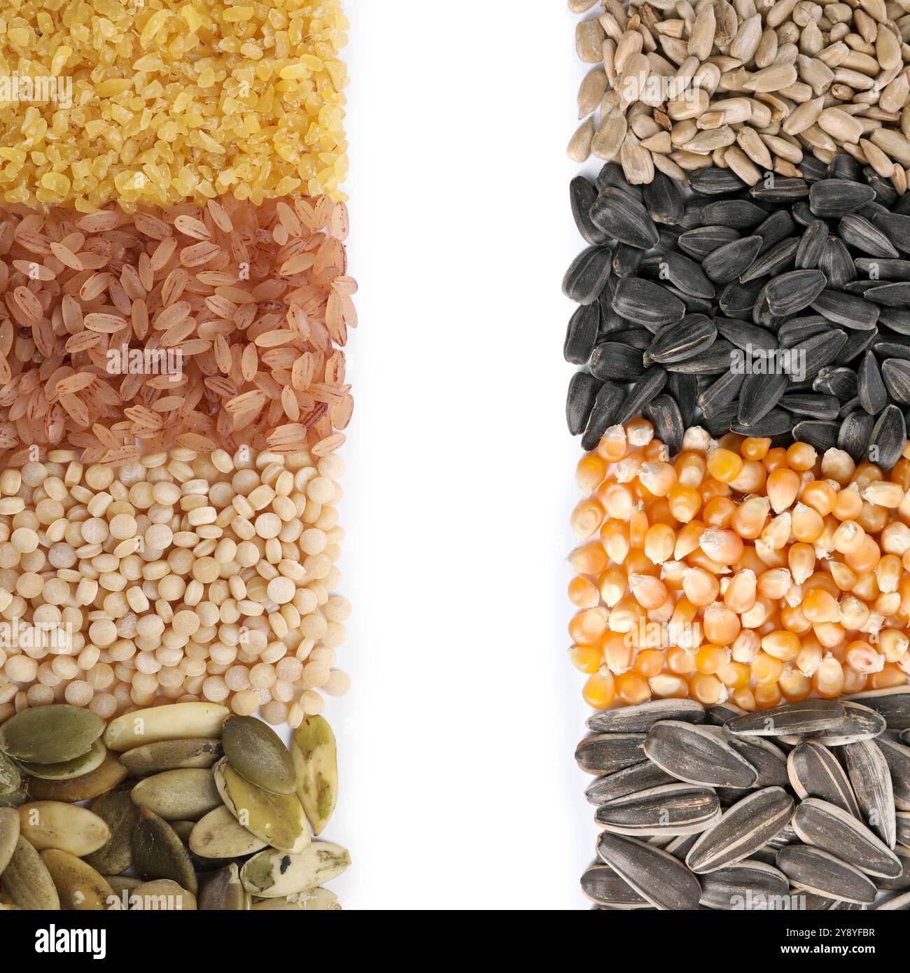 Different cereal grains and plant seeds on white background, top view ...