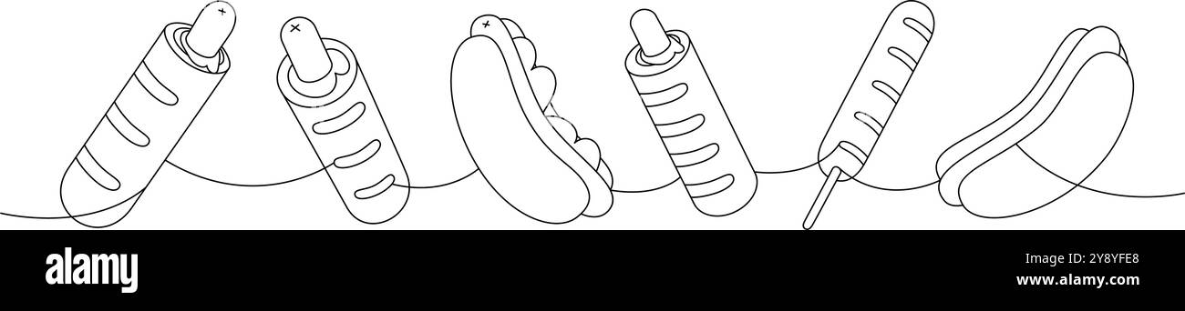 Hot dog set one line continuous drawing. Hotdog, French hot dog, corn ...