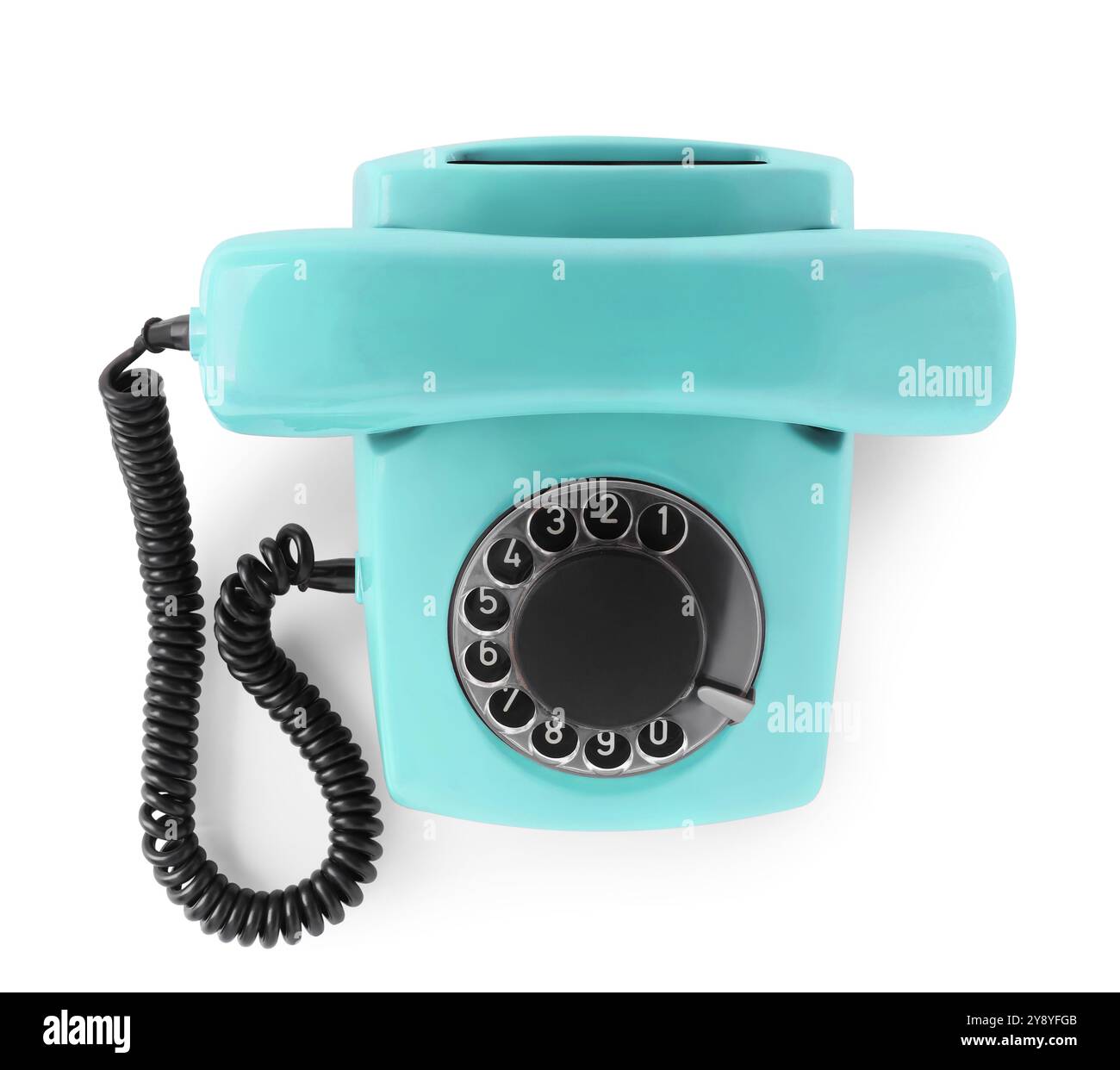 Old light blue telephone with rotary dial isolated on white, top view ...