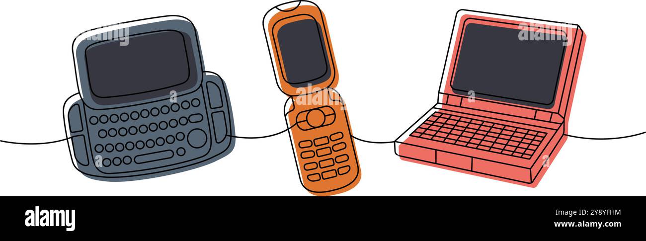 Retro flip phones one line colored continuous drawing. Mobile flip ...