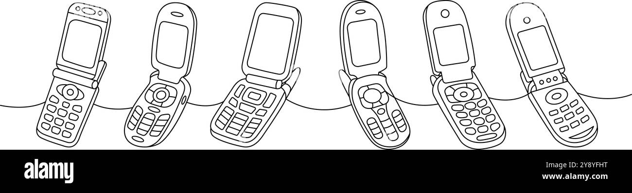 Retro phones one line continuous drawing. Set of flip mobile phones ...