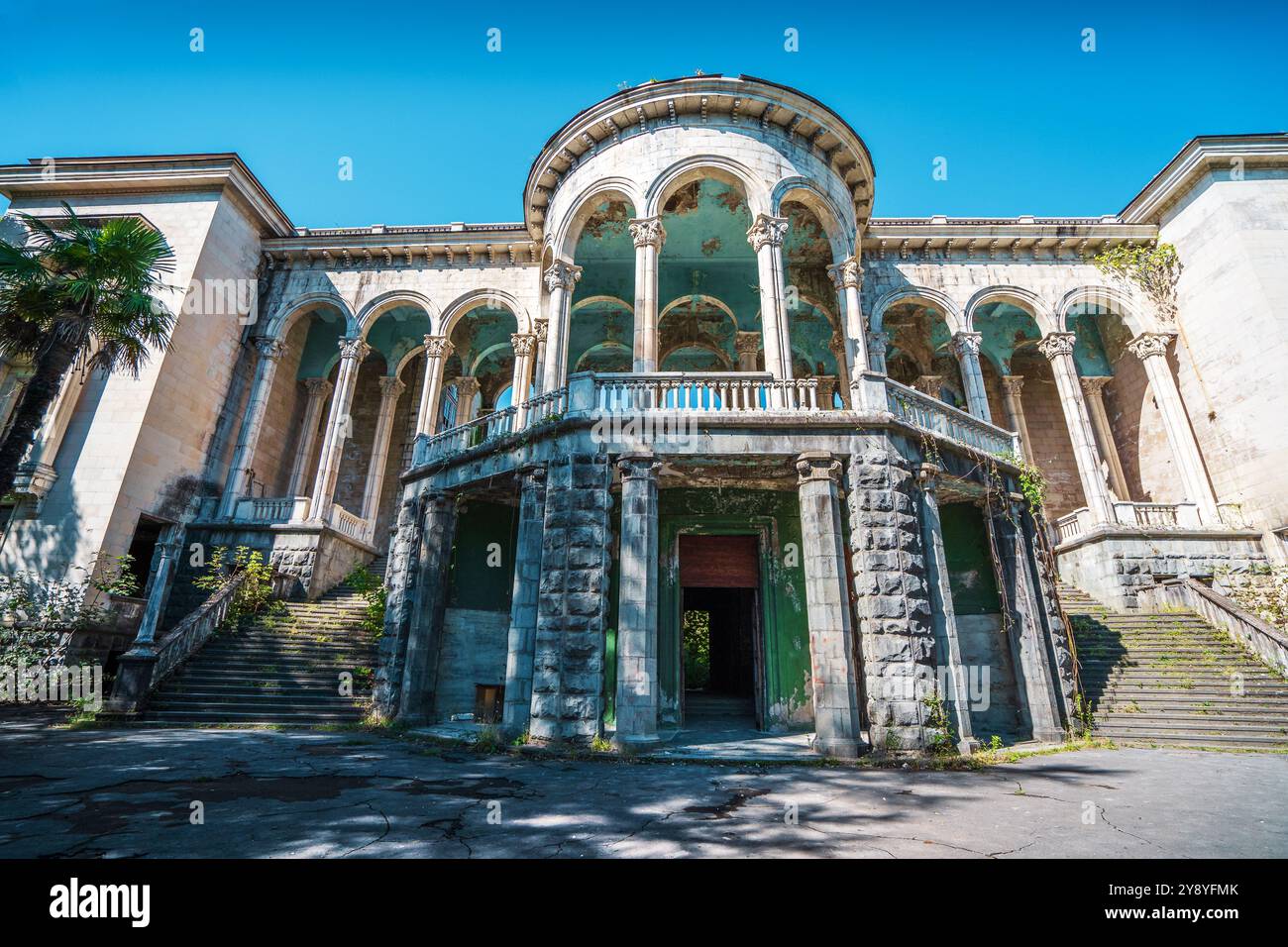 Facade of abandoned Medea sanatorium in Tskaltubo, Georgia ...