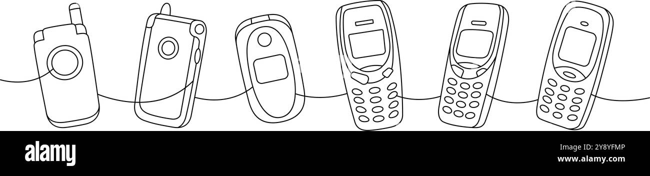 Retro phones one line continuous drawing. Mobile flip phone, old mobile ...