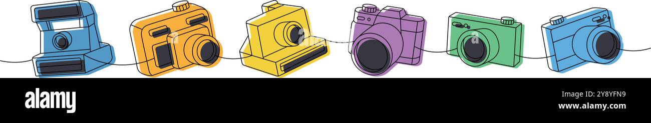 Photo camera set one line colored continuous drawing. Instant and ...
