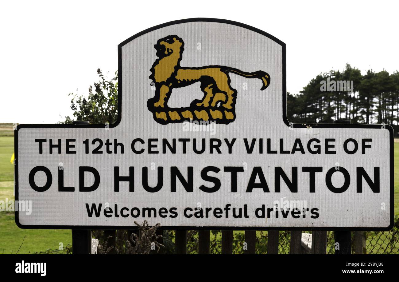 Welcome sign to the 12th Century village of Old Hunstanton, Norfolk ...