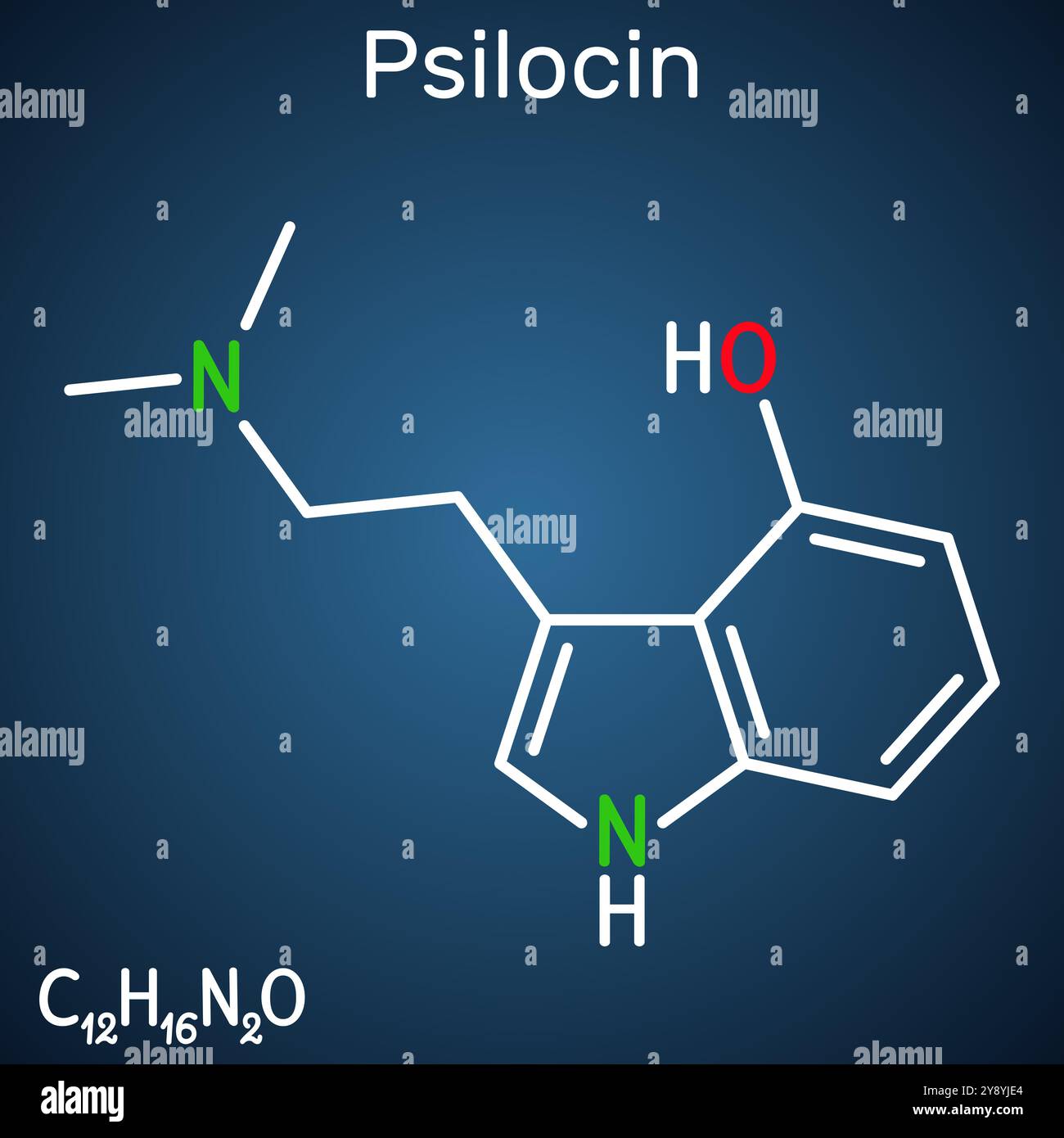 Psilocin molecule. Structural chemical formula, dark blue background ...