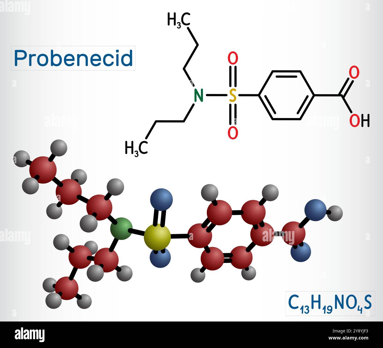Probenecid molecule. Structural chemical formula, molecule model ...