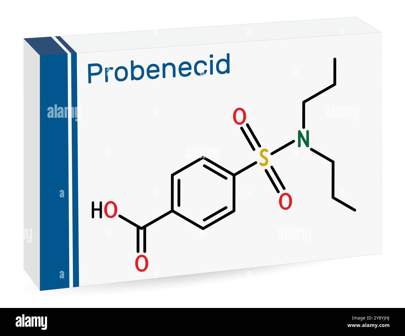 Probenecid molecule. Skeletal chemical formula. Paper packaging for ...