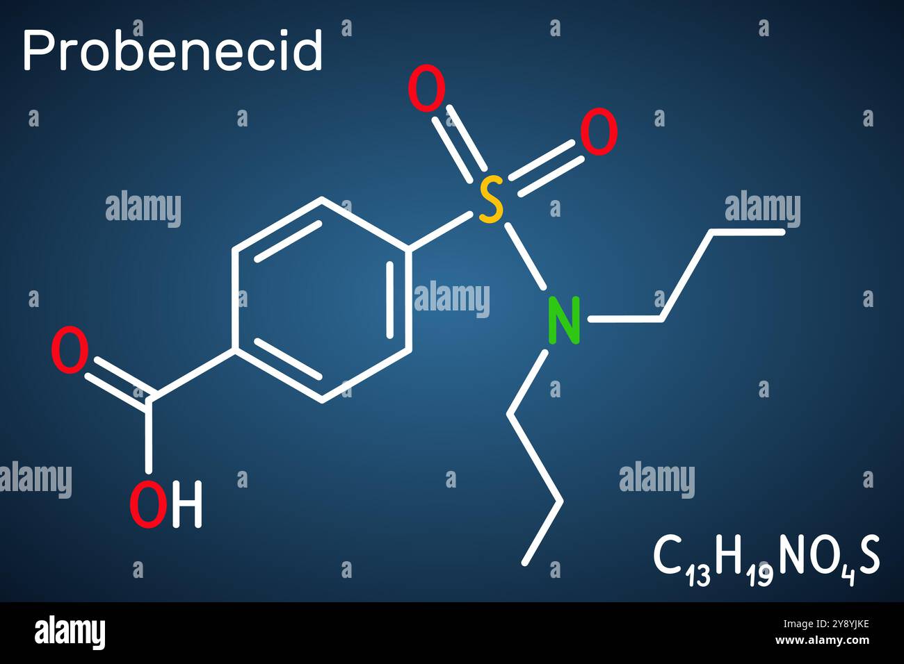 Probenecid molecule. Structural chemical formula, dark blue background ...