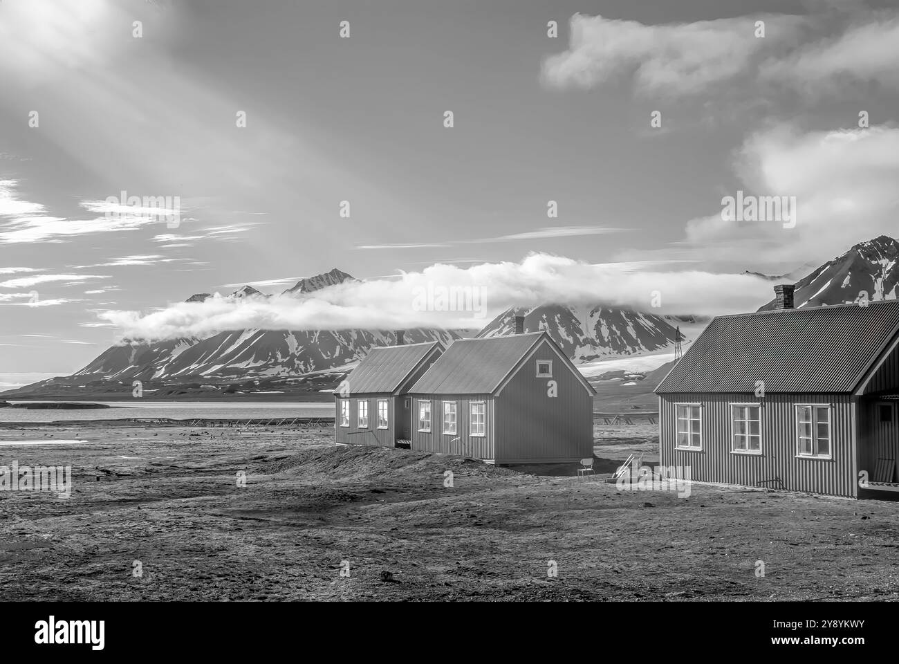 Black and white image of wooden Houses in the village Ny Alesund in ...