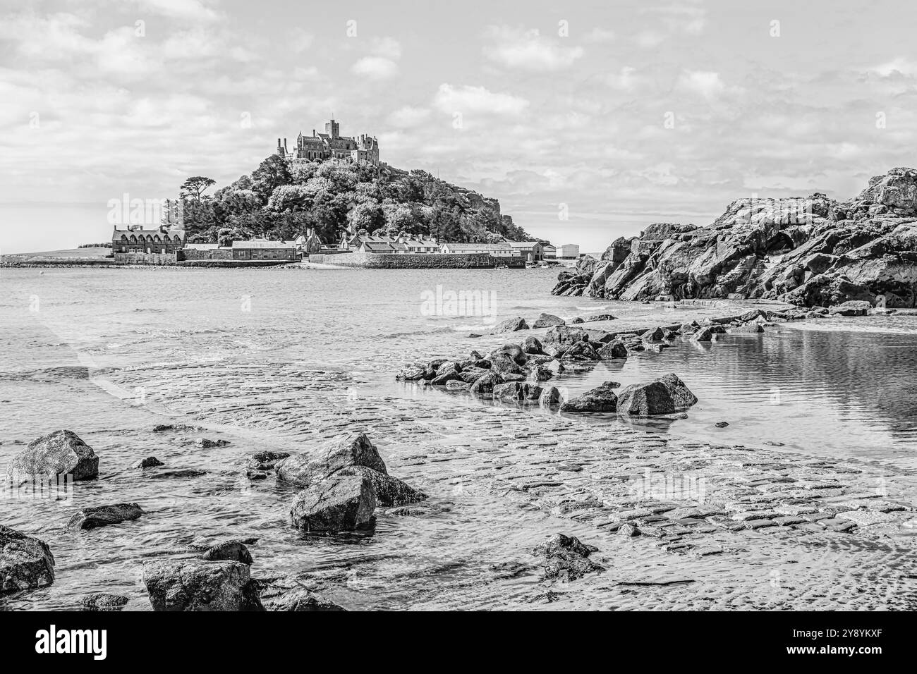 Black and white view at St Michaels Mount, Cornwall, England Stock ...