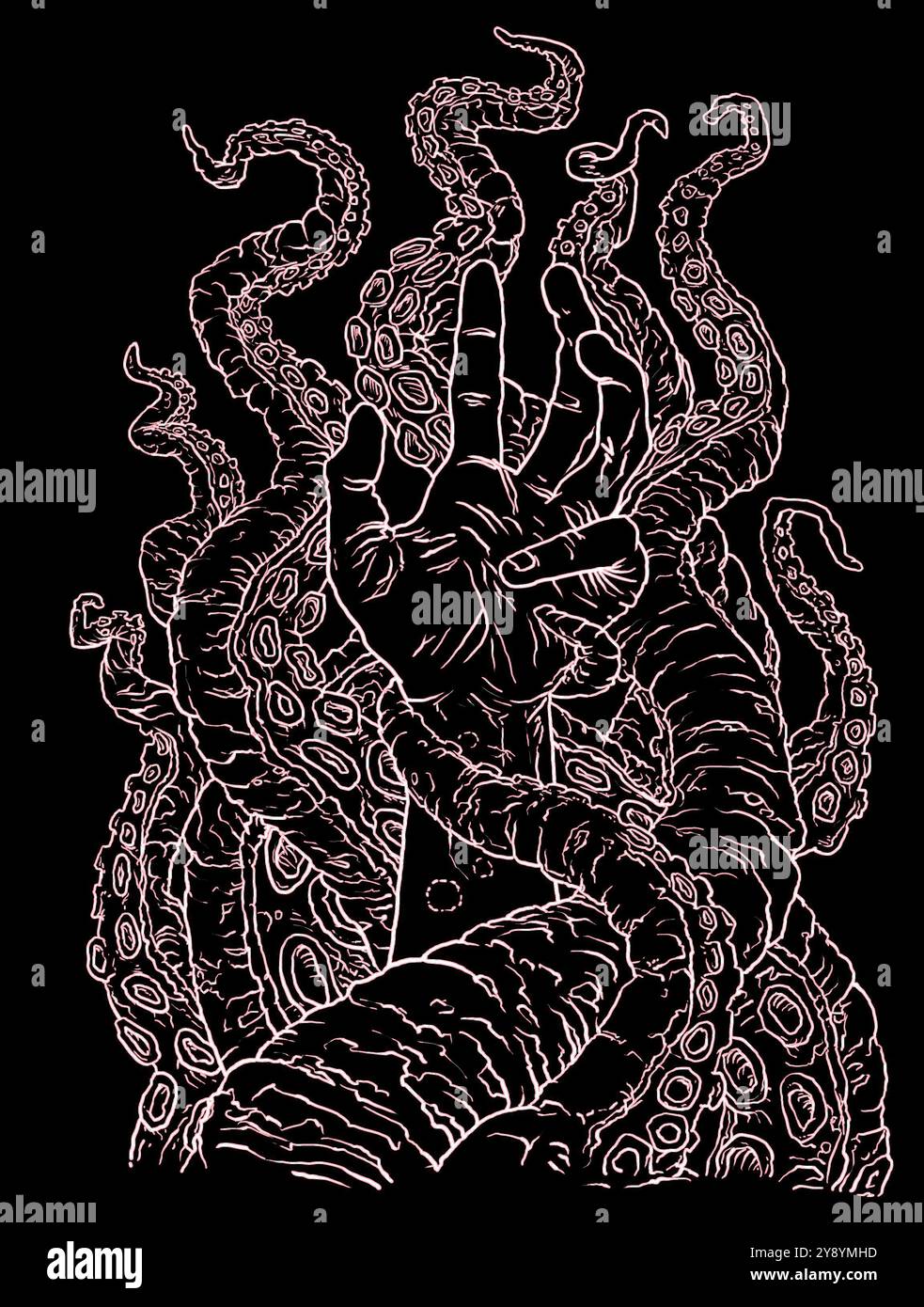 Dramatic art, hand struggling with tentacles, monster of the deep ...