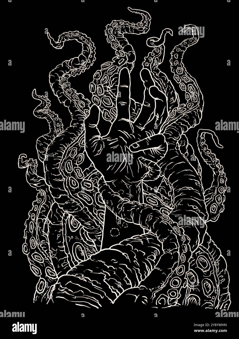 Dramatic art, hand struggling with tentacles, monster of the deep ...