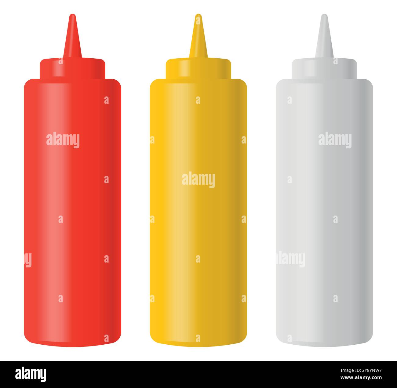 Brightly colored condiment bottles designed for ketchup, mustard, and ...