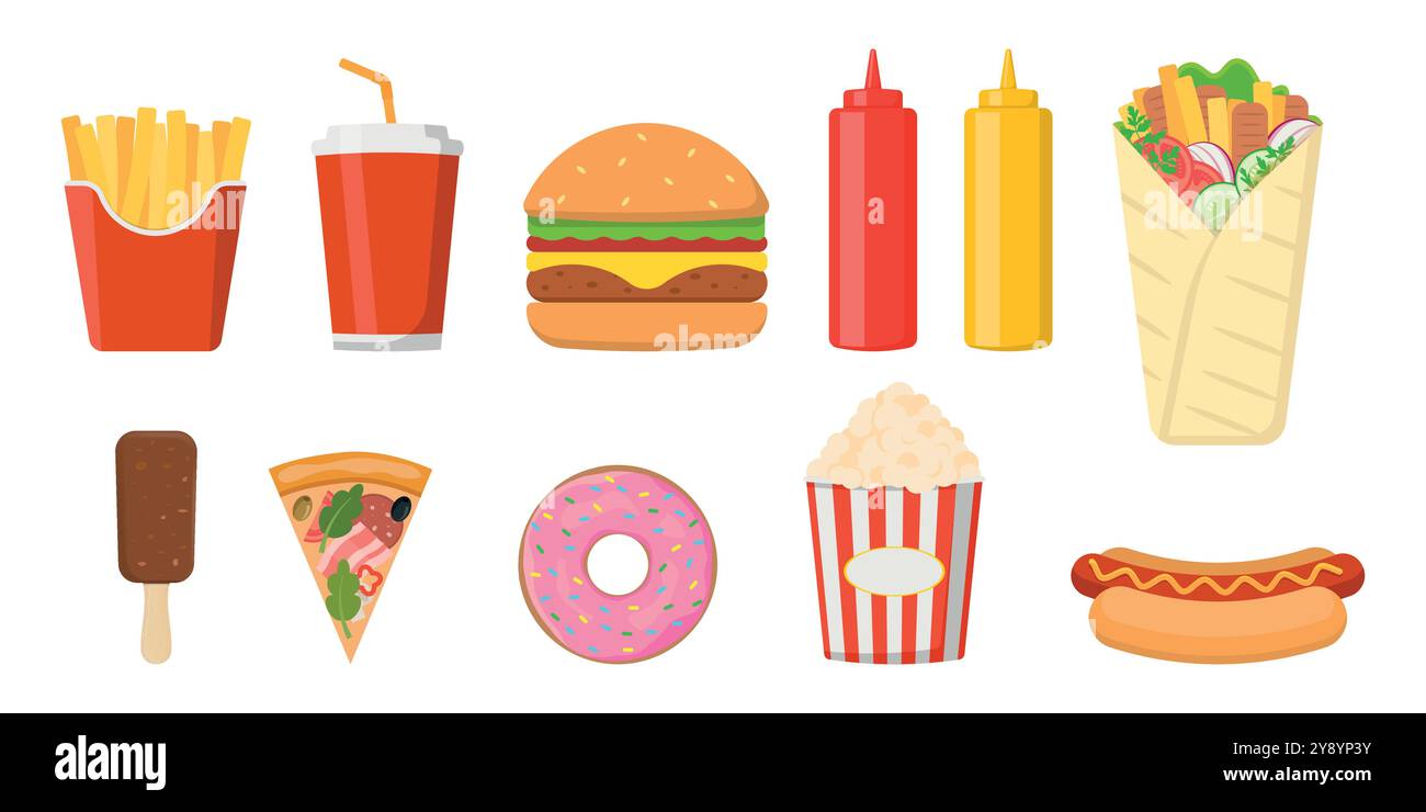 A vibrant and colorful collection of iconic fast food items including ...