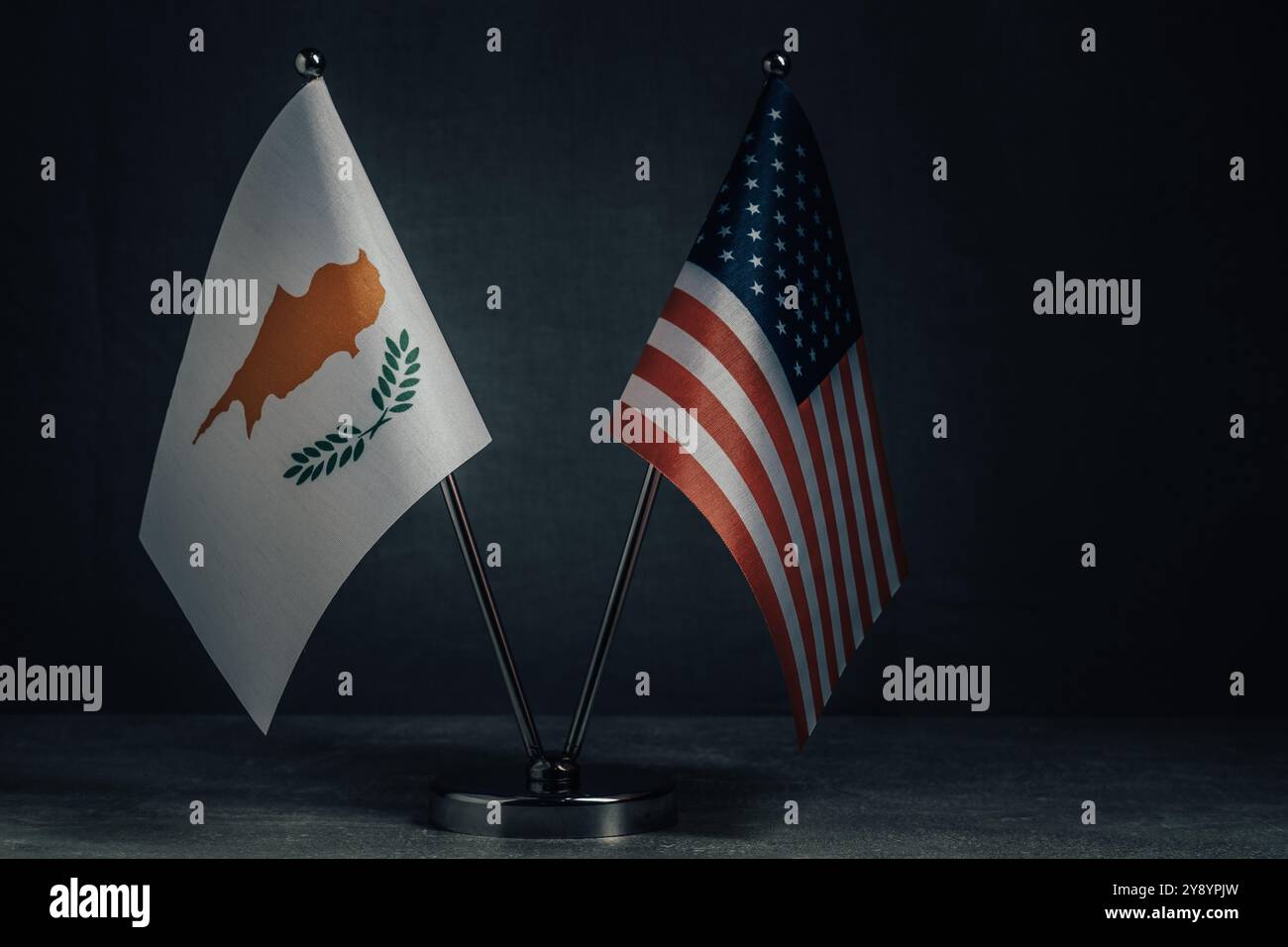 Table flags United States America and National Flag Cyprus on dark ...