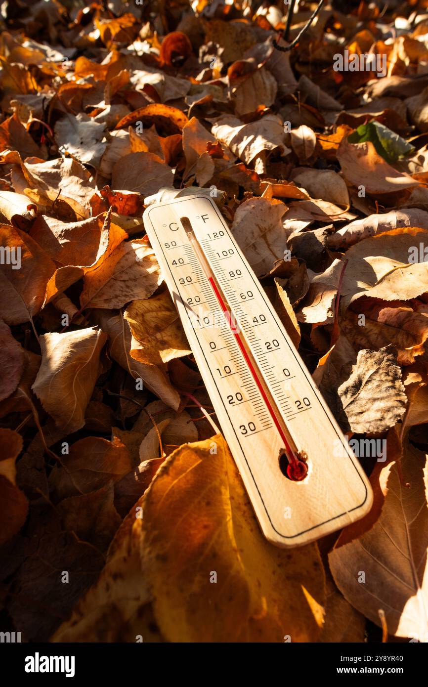 Thermometer lying on ground shows high temperature against background ...
