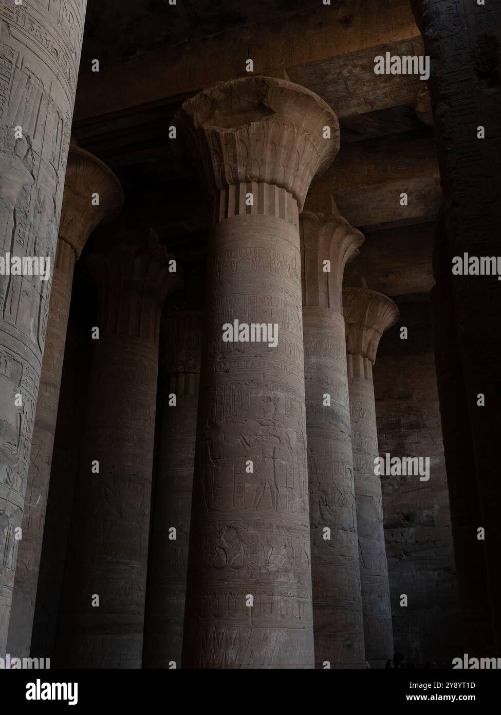 Columns inside the temple of the god Horus in Edfu Egypt Stock Photo ...