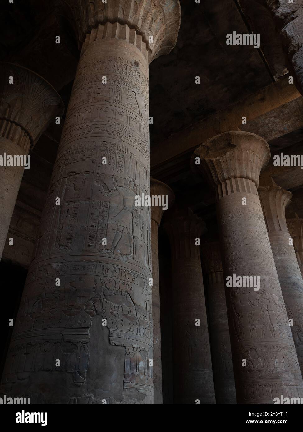Columns inside the temple of the god Horus in Edfu Egypt Stock Photo ...