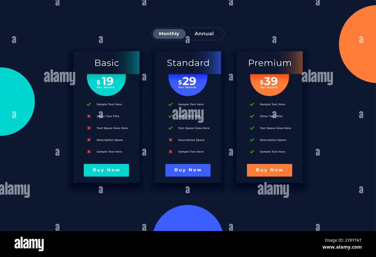 three column price menu template for web apps vector Stock Vector Image ...